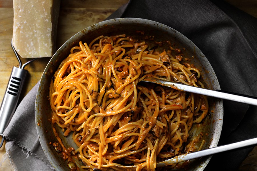 spicy cheesy. gochujang spaghetti