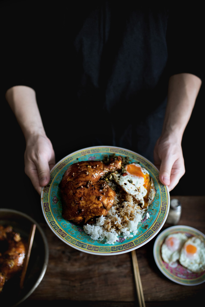 MAMA'S BRAISED CHICKEN LEGS ON RICE W/ FRIED CHILI CAPERS