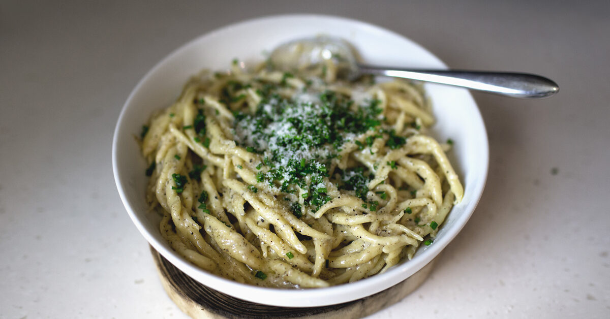 Needle point pasta in light blue cheese sauce – Lady and Pups