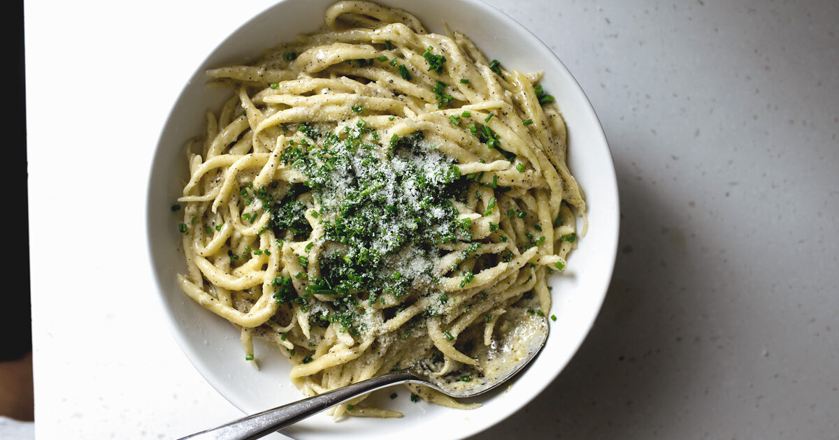 Needle point pasta in light blue cheese sauce – Lady and Pups