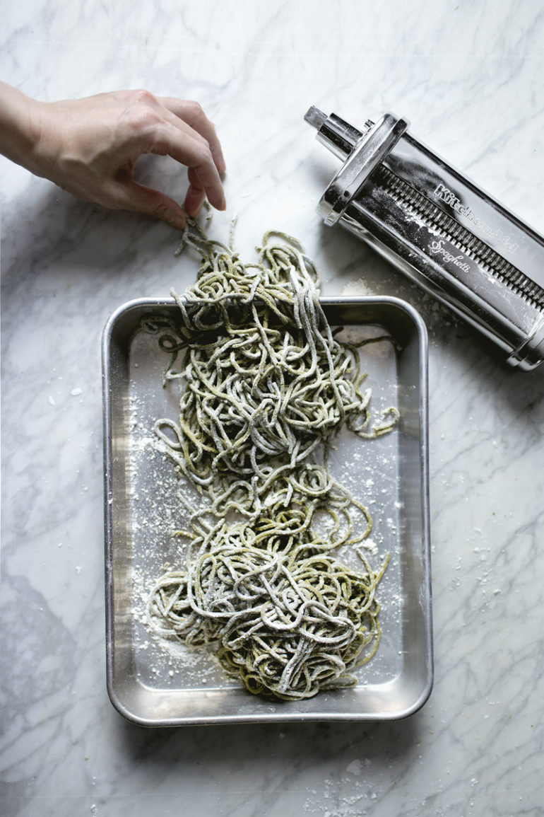 MATCHA SPAGHETTI W/ CHILI AND CHEESE