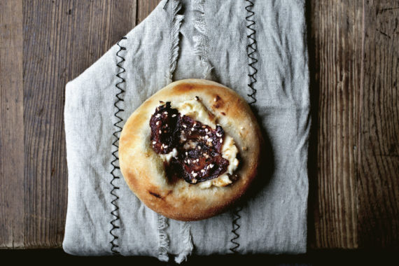 BIALY STUFFED W/ CREAM CHEESE AND HONEY DATES