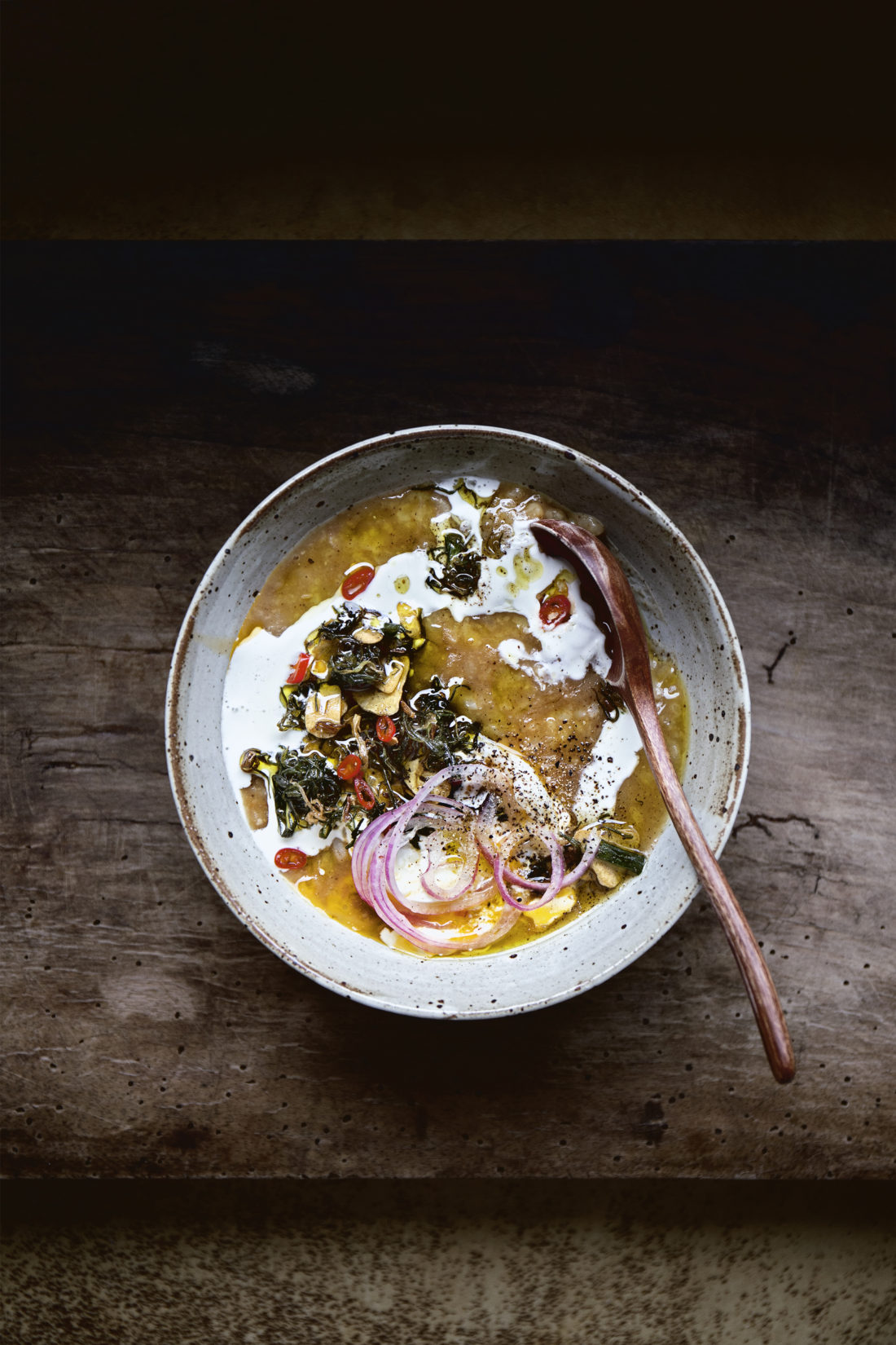 Miso congee w/ crispy scallion oil and cream